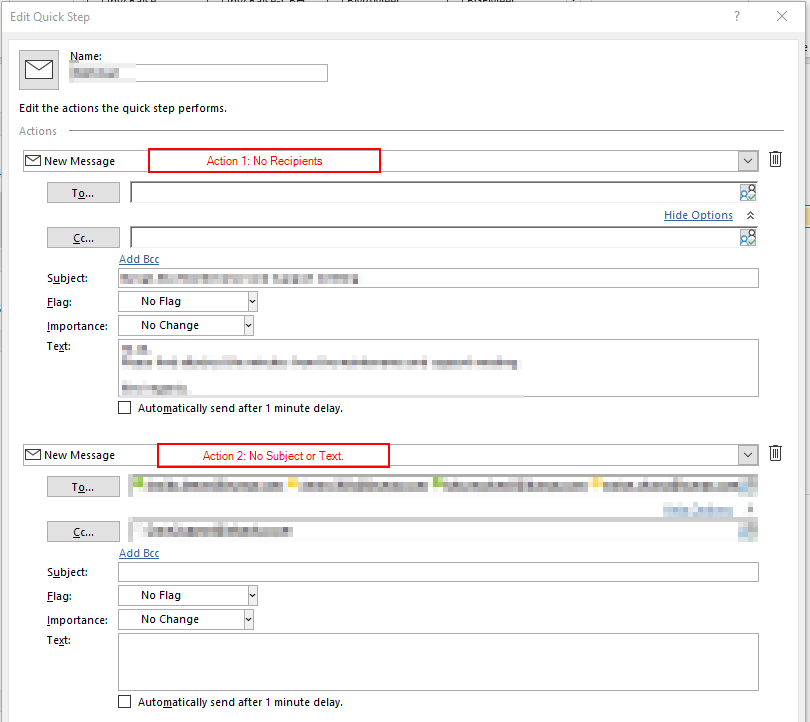 New Email quick steps have split into multiple actions. One for Recipients one for Subject and ...