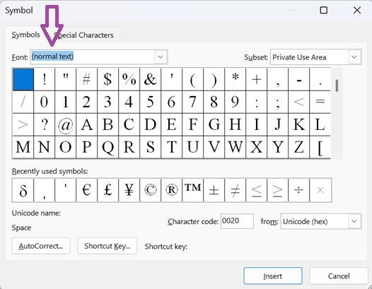 "Symbol font" characters in document that are also available as TNR ...