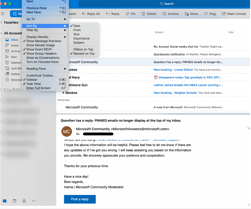 PINNED emails no longer display at the top of my inbox. - Microsoft Q&A