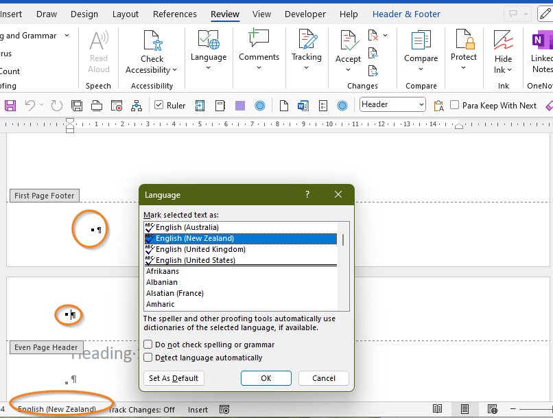 How can I change the proofing language of headers and footers, from ...