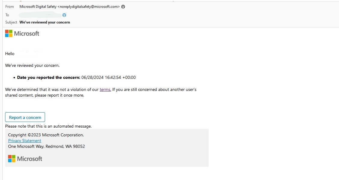 "We've reviewed your concern" from Microsoft Digital Safety - Microsoft Q&A