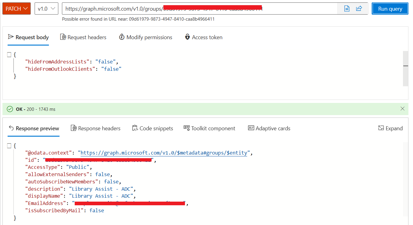 Update Group throws error when updating hideFromOutlookClients and ... Update Group throws error when updating hideFromOutlookClients and ...