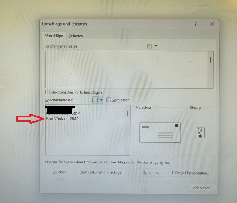 In Word bei Sendungen/Umschläge wird bei der Adresse Ort und ...