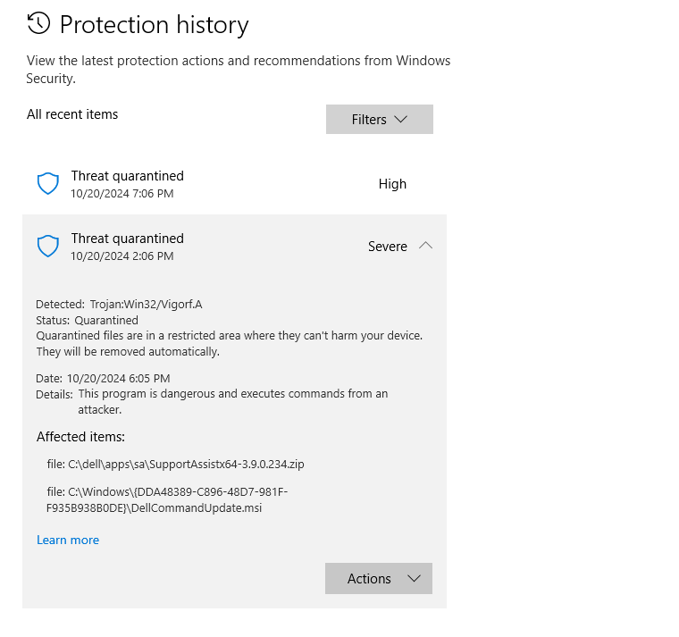 Security alerts found doing a full systems scans using Windows Defender ...