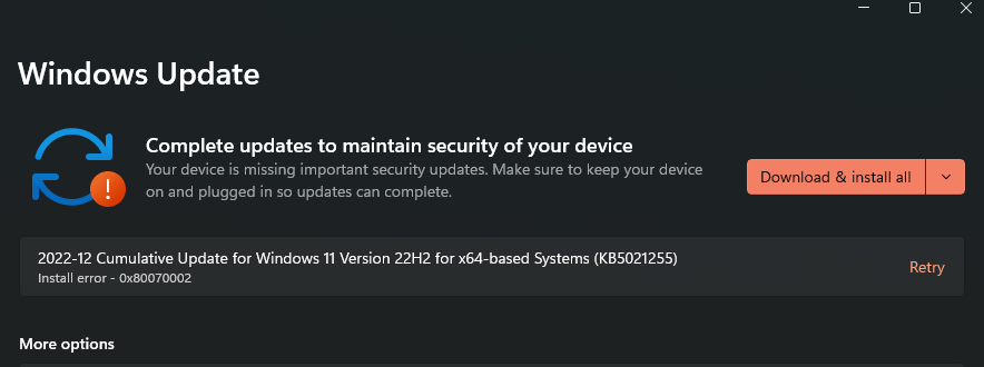 I keep getting install error - 0x80070002 for 2022-12 Cumulative Update ...
