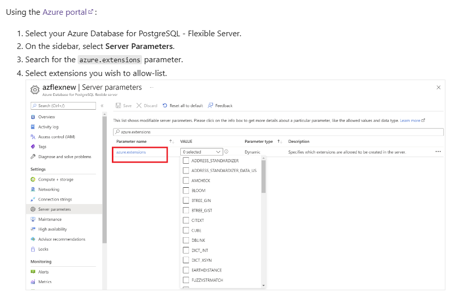 how to enable azure.extension in azure postgree flexibe 15.03 - Microsoft Q&A