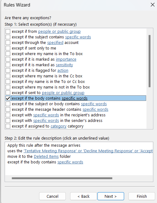 How do I set up an Outlook Rule for Accepted / Declined / Tentative responses WITH and WITHOUT ...