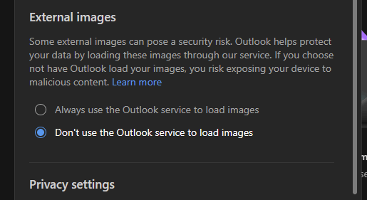 Block external images from automatically being loaded, no matter if I choose to use a Microsoft ...