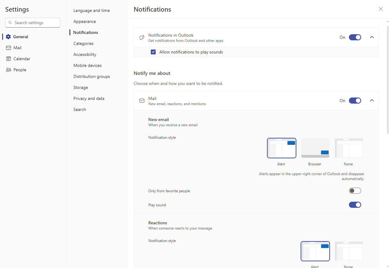 Outlook Web version does not show 'Send me desktop notifications ...