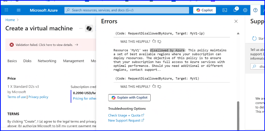Validation Failed Azure portal Creating VMs - Microsoft Q&A