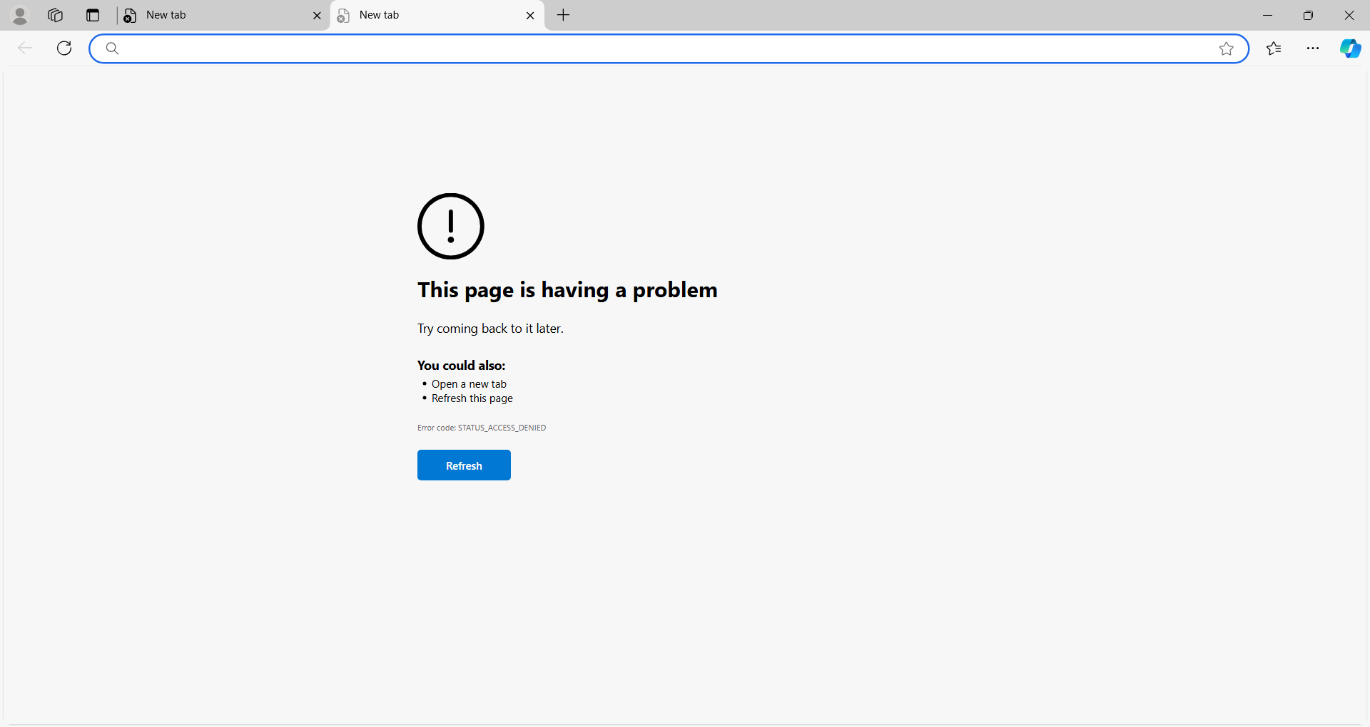"This page is having a problem" "access denied" - Microsoft Q&A