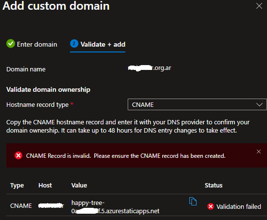 Unable To Add Custom Domain To Static Web App Microsoft Qanda 