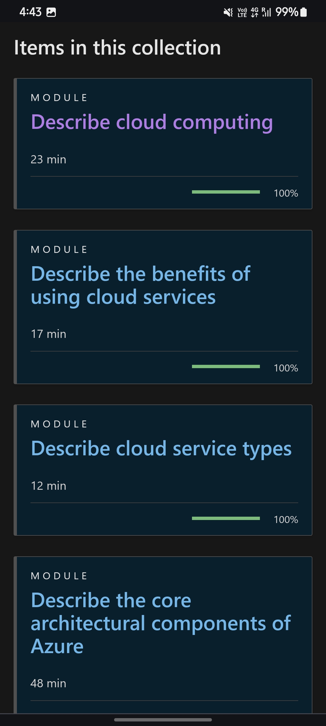 Already completed all the modules and also showing 100% but in the main ...