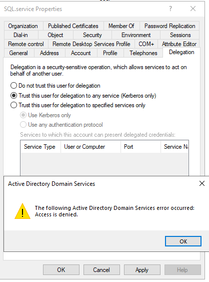 how to set SQL server service account kerberos delegation in AADDS ...