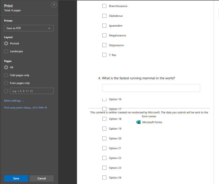 MS form print to pdf creates blank pages and data goes missing in the ...