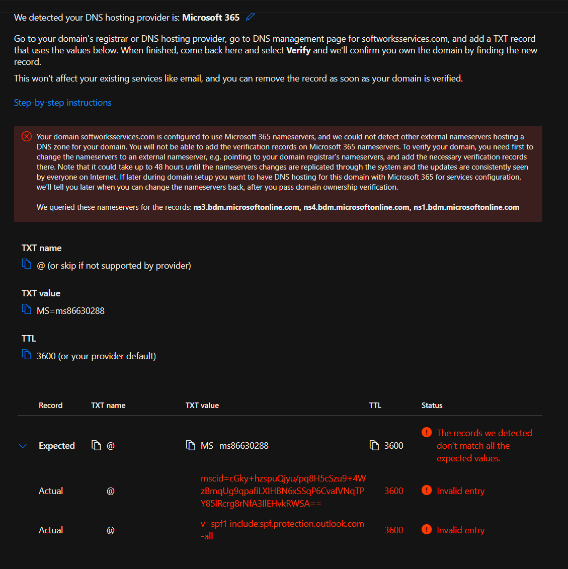 I purchased a custom domain within Azure but am unable to verify it - Microsoft Q&A