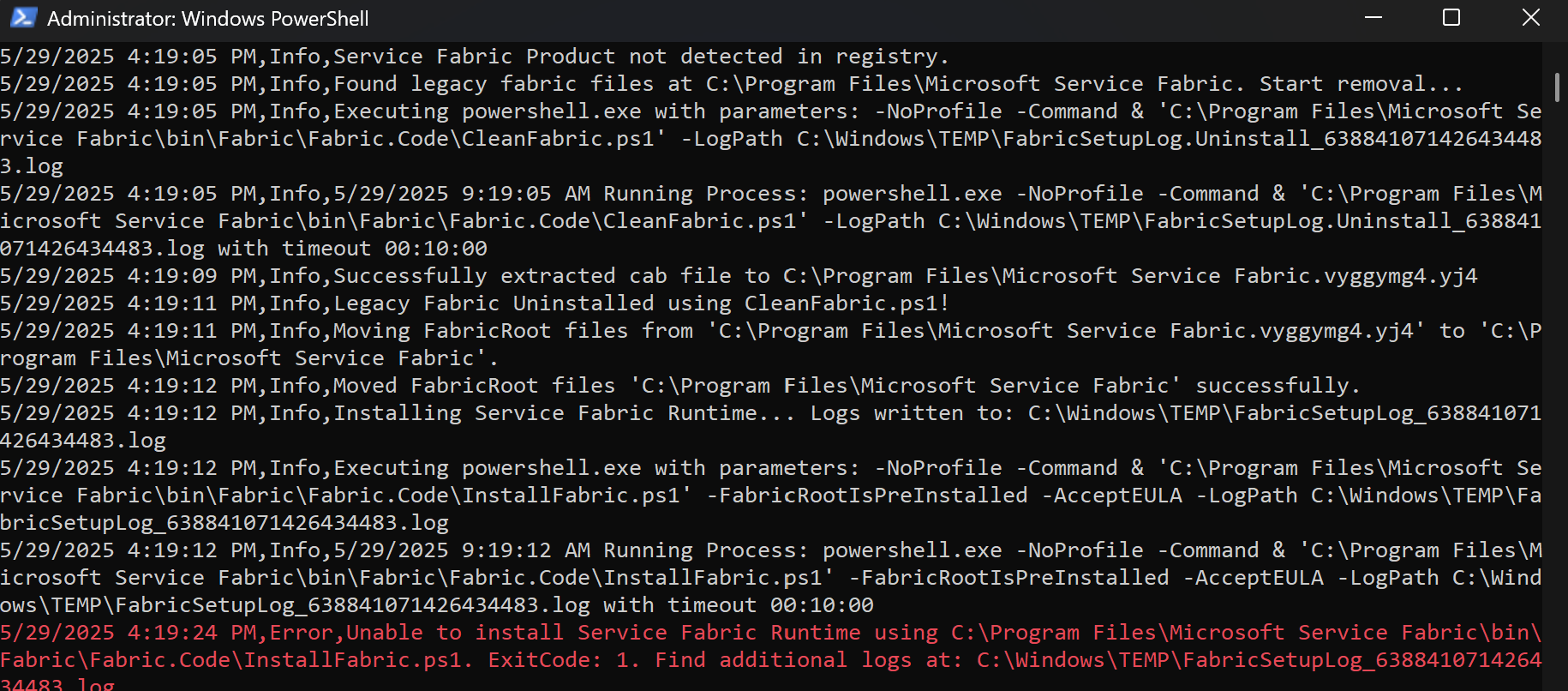 Unable to install service fabric runtime 10.1.2493.9590 - Microsoft Q&A