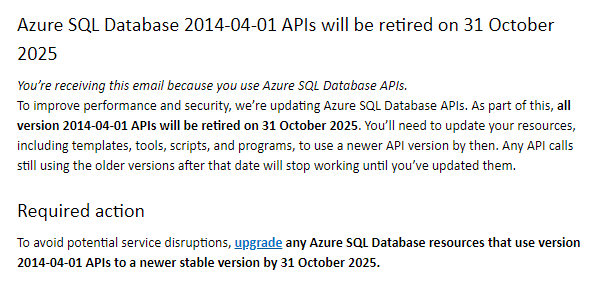 I received a notice about retirement of Azure SQL Database 2014-04-01 ...