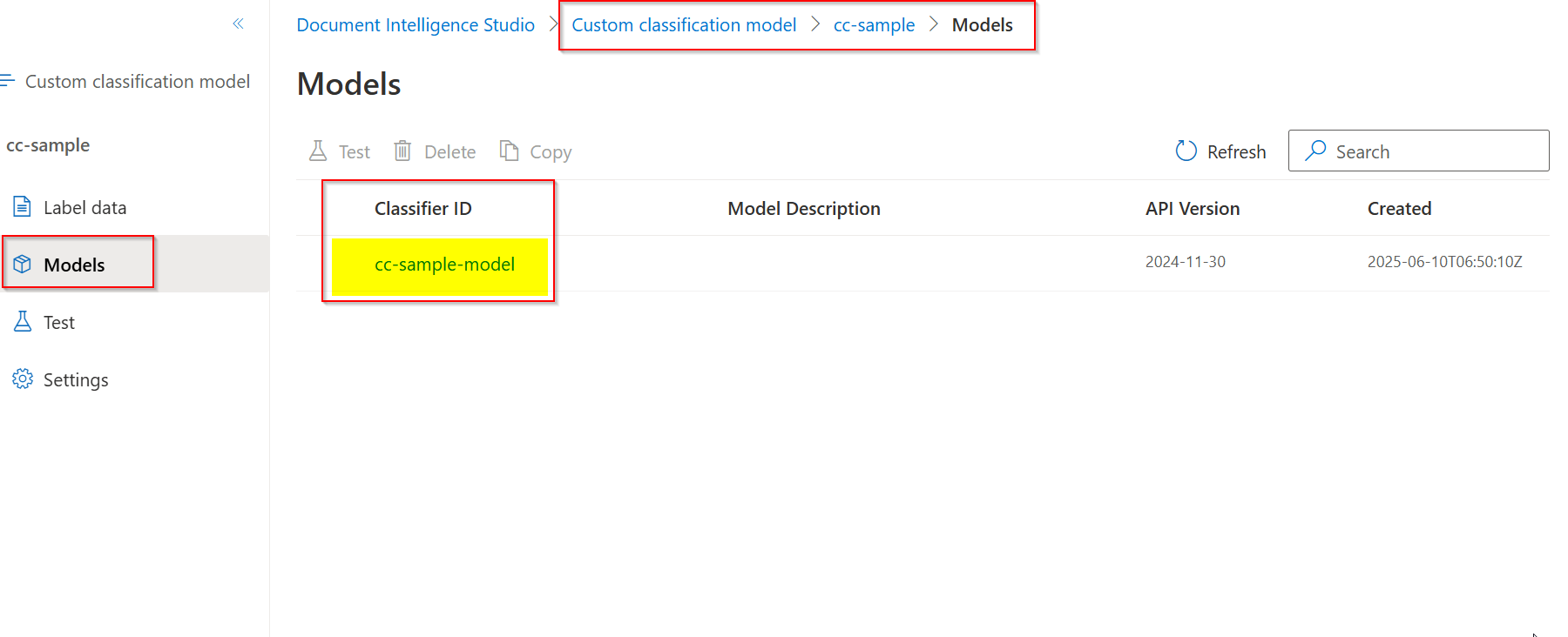 Doc Intelligence - Model not found for Classification Models ...