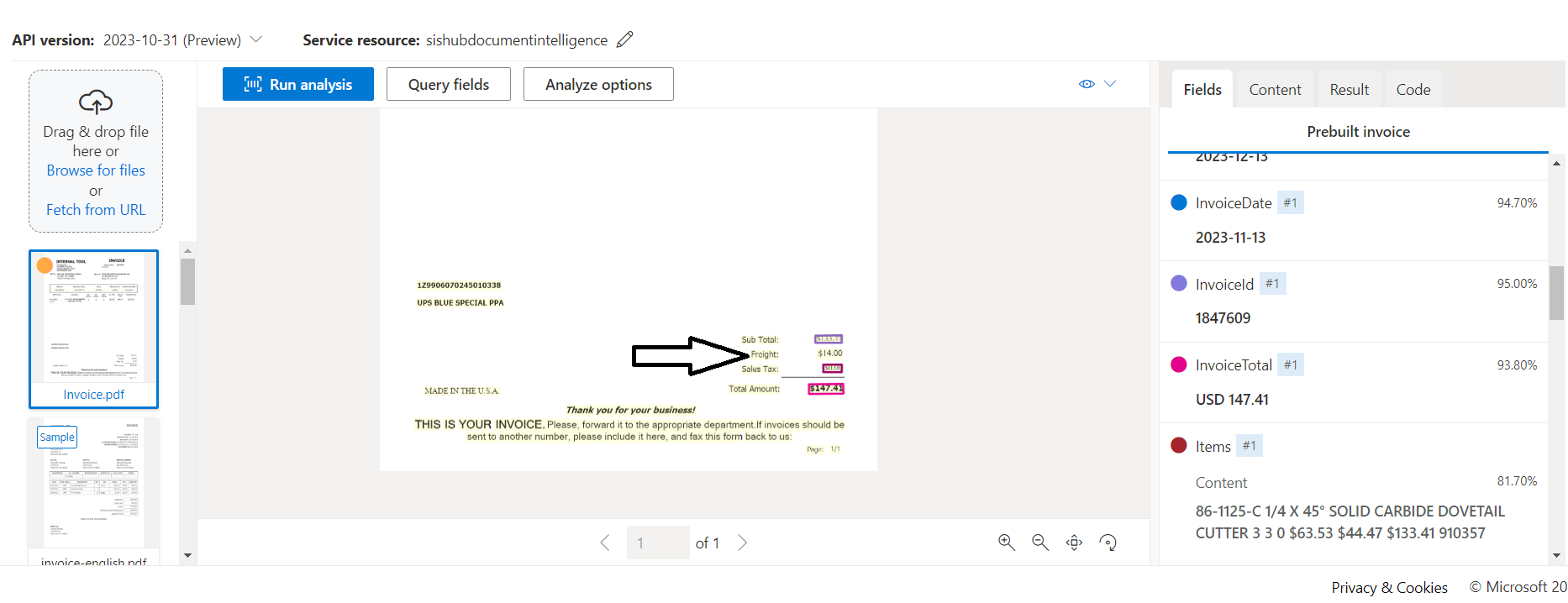 Issue with "prebuilt-invoice" Model in Document Intelligence for 'Freight' keyword Field ...