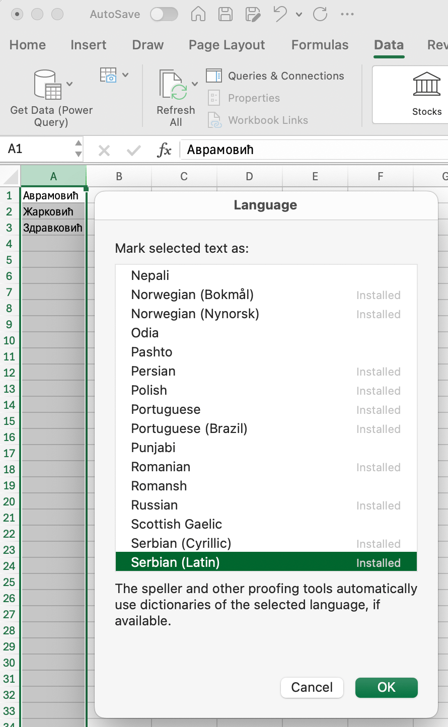 Problem with sorting text in Serbian (Latin) Alphabet in Excel on MacOS ...