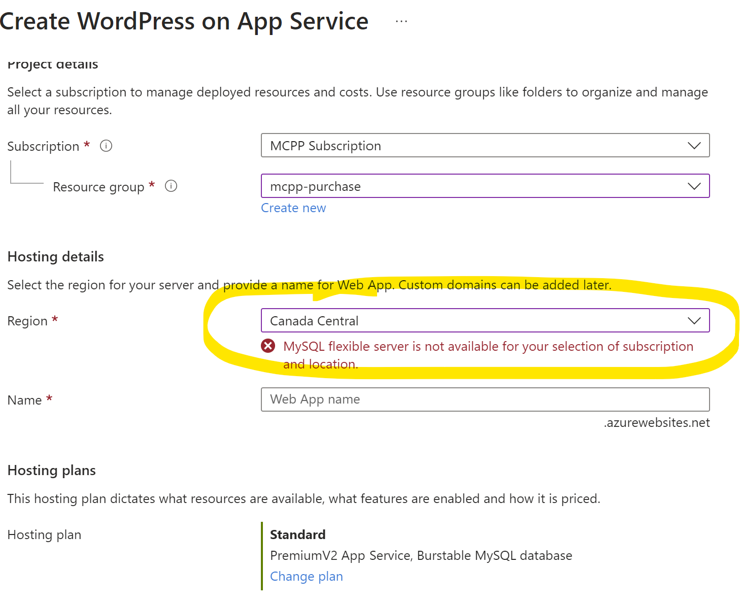 Unable To Create Wordpress On App Service Hosting Region Displays Error When Selecting Canada
