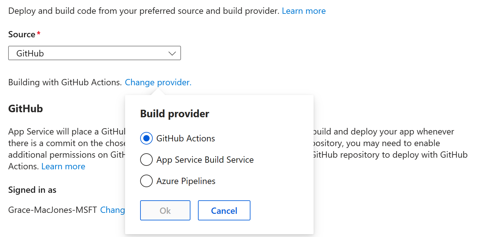 Why isn't GitHub Actions Showing up as an Option for App Service Build Service? - Microsoft Q&A