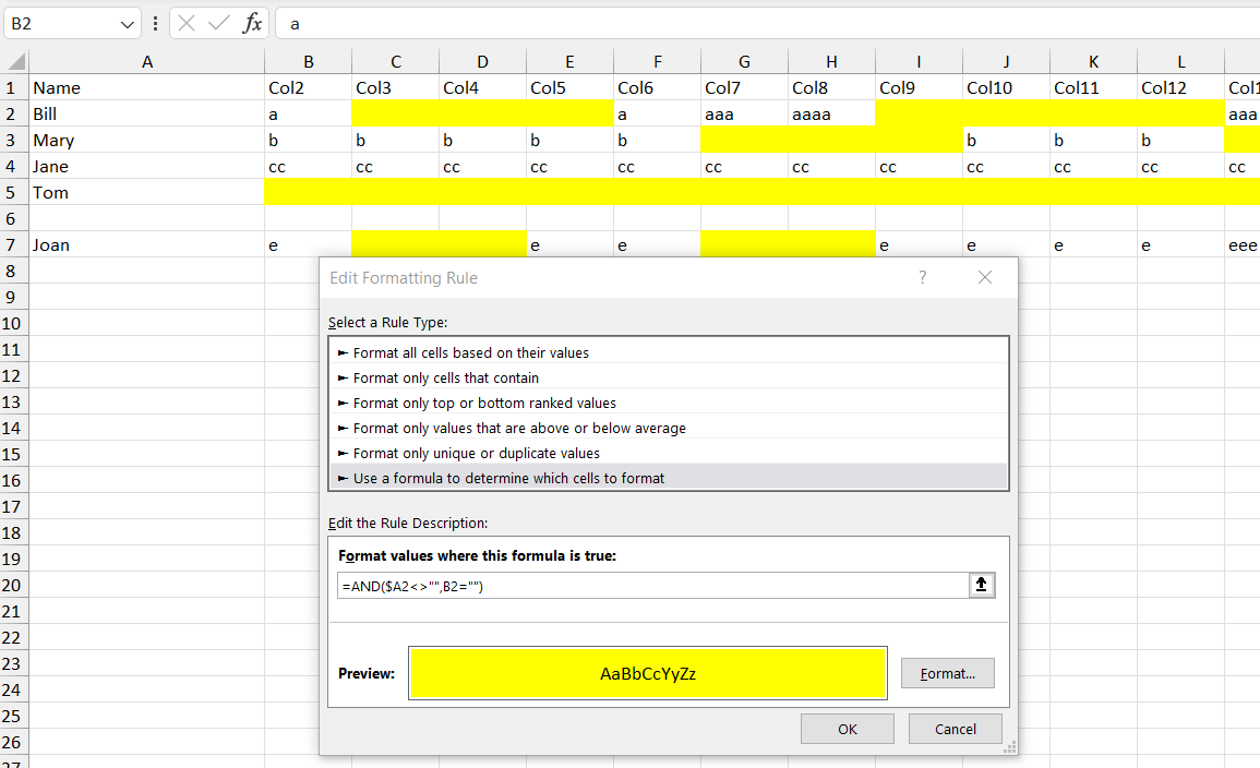 Conditional Formatting, =A="", then stop conditional formatting for row ...