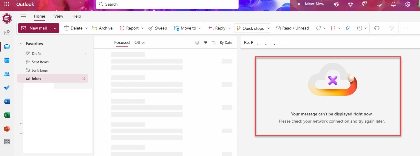 Outlook.com - Your message can't be displayed right now. Please check your network connection ...