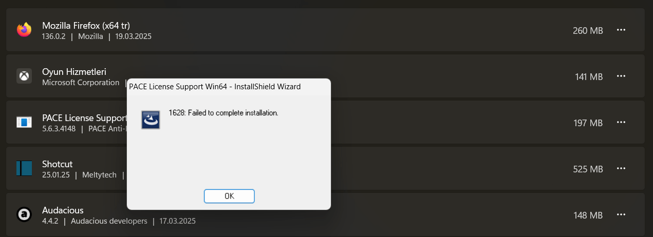 I can't uninstall. It gives error: 1628: Failed to Complete ...