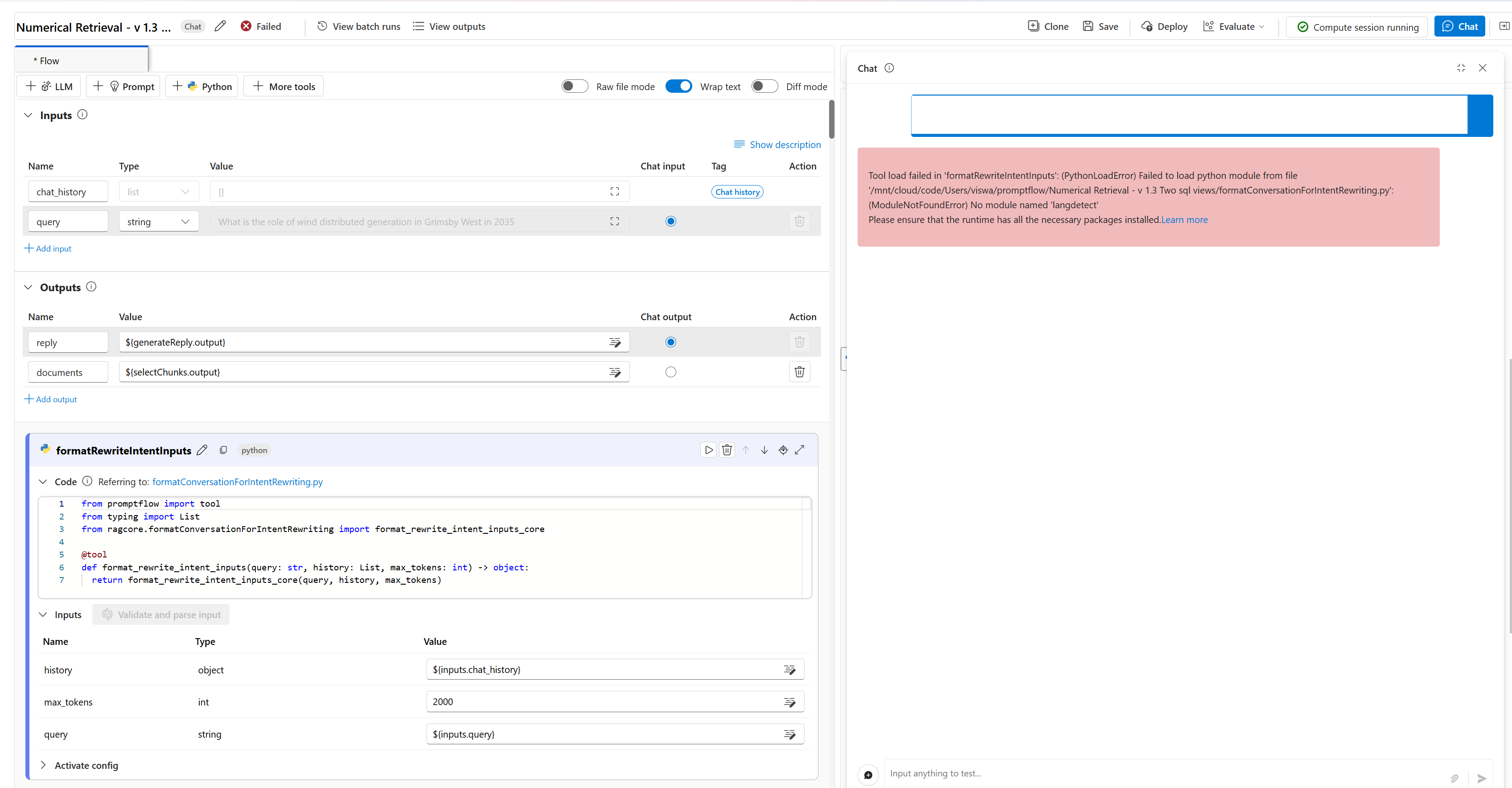 Prompt flow - Tool load failed in 'formatRewriteIntentInputs ...