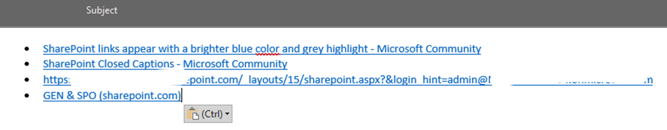 SharePoint links appear with a brighter blue color and grey highlight ...