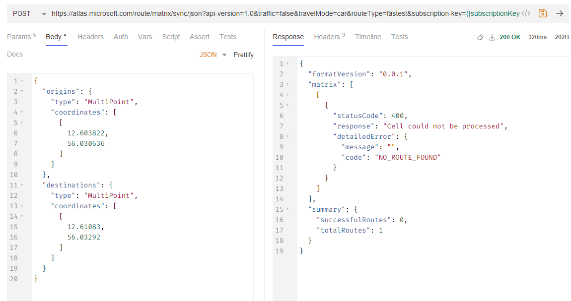 Azure Maps API, NO_ROUTES_FOUND, sometimes work in opposite direction ... Azure Maps API, NO_ROUTES_FOUND, sometimes work in opposite direction ...