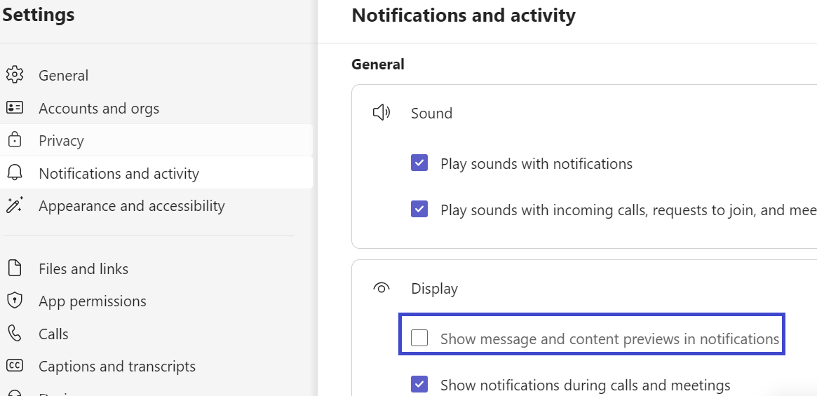 Hide Teams message and content previews in notifications during ...