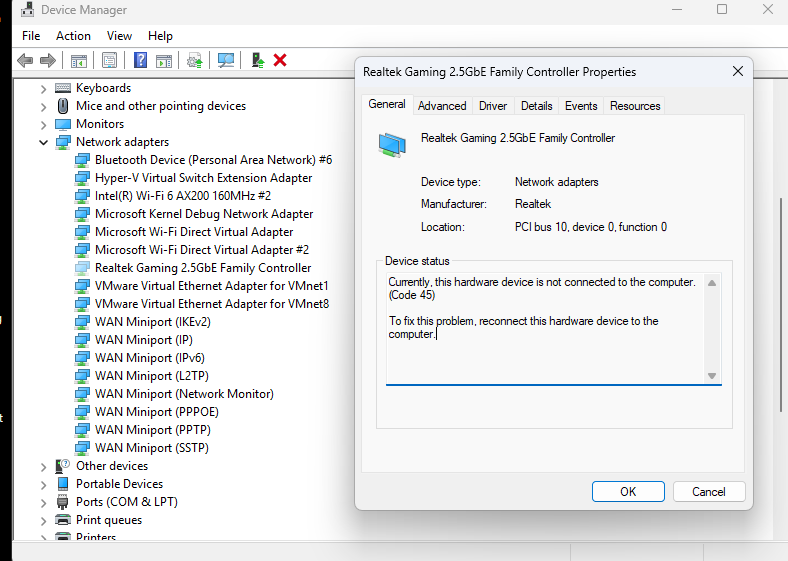 Realtek Gaming 2.5GbE Family controller (code 45) not functioning ...