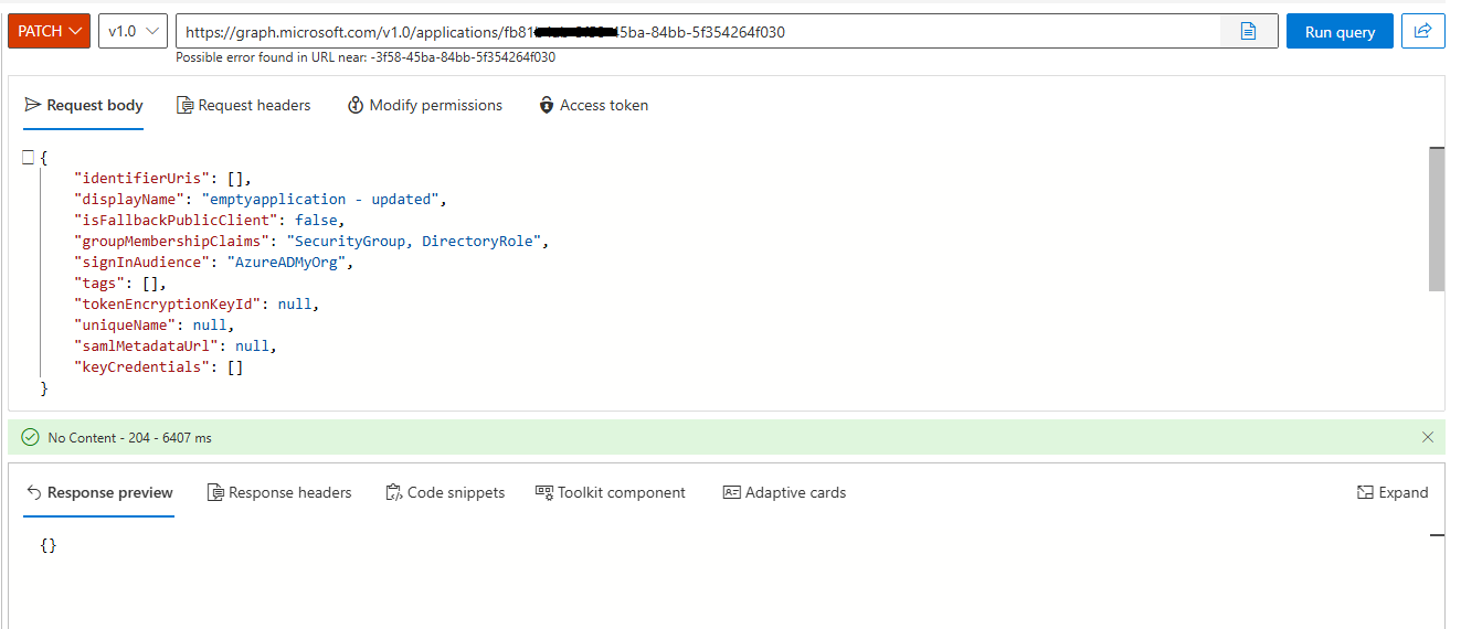 Unable To Patch A Application Object In Entra Id Using Graph Api Receive A 404 Response