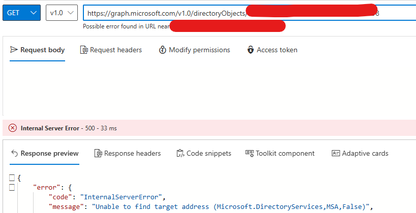 Error Encountered with Microsoft Graph API Directory Endpoint (InternalServerError) - Microsoft Q&A