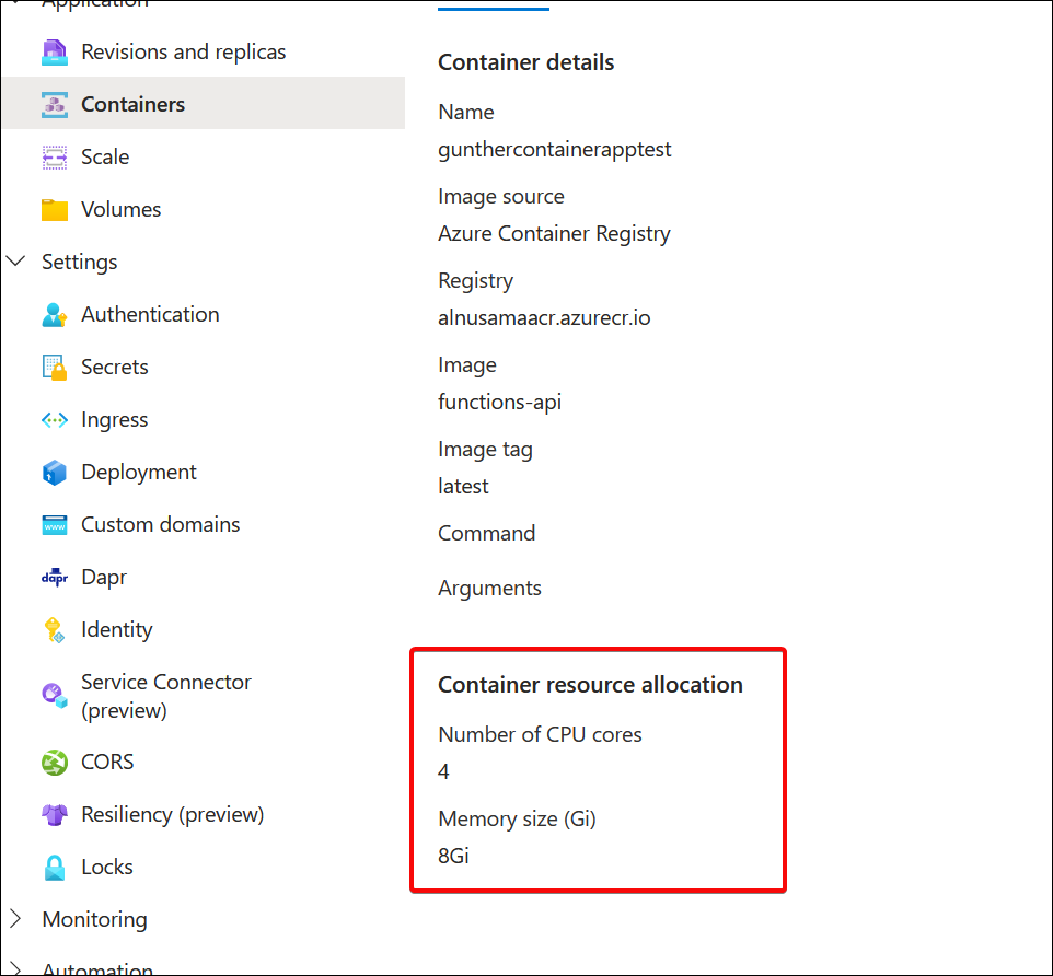 How to set the Container App alocation to have 4CPUs and 8Gb of RAM in bicep - Microsoft Q&A