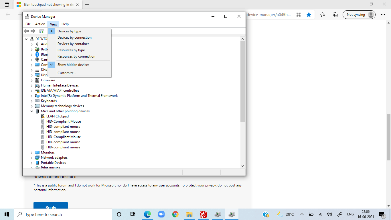 Elan touchpad not showing in device manager - Microsoft Q&A