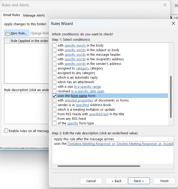 How do I set up an Outlook Rule for Accepted / Declined / Tentative responses WITH and WITHOUT ...