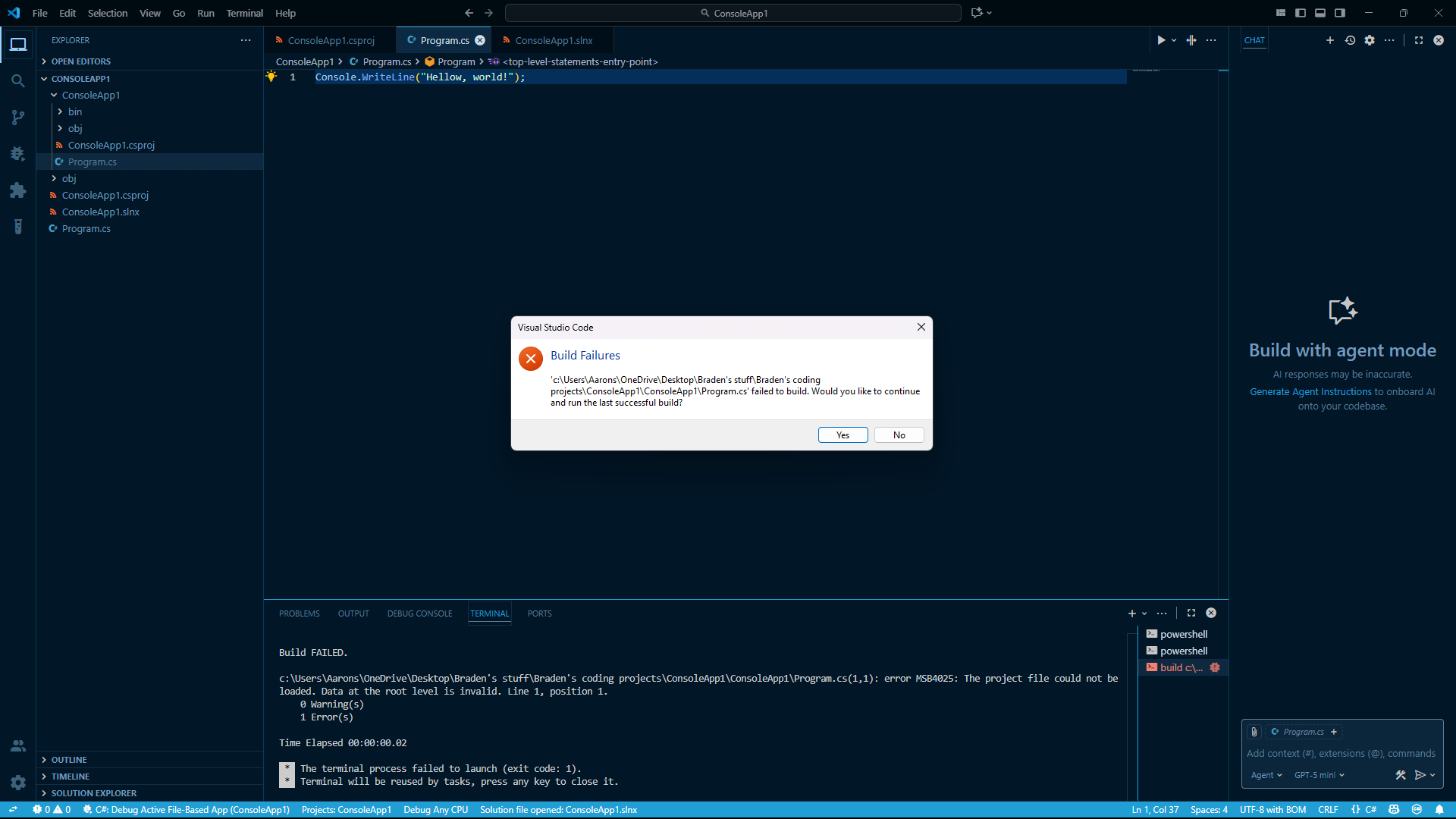 How to fix build error when I try to console write hello world ...