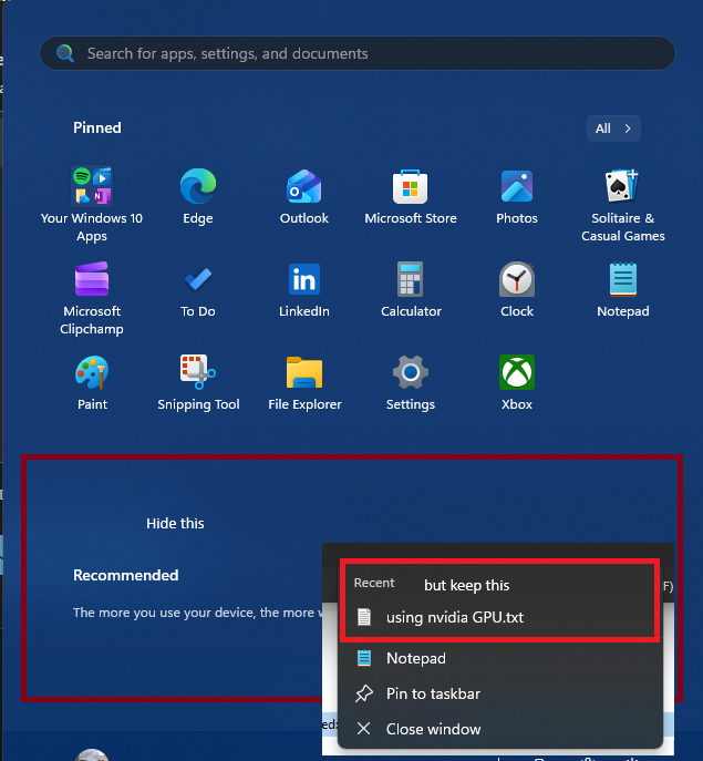 How to hide recent file in start menu but keep in app menu - Microsoft Q&A