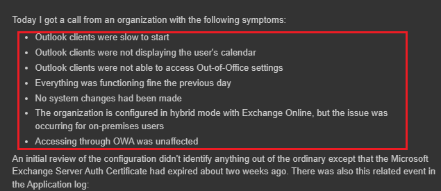 What are the symptoms of an expired "Microsoft Exchange Server Auth ...