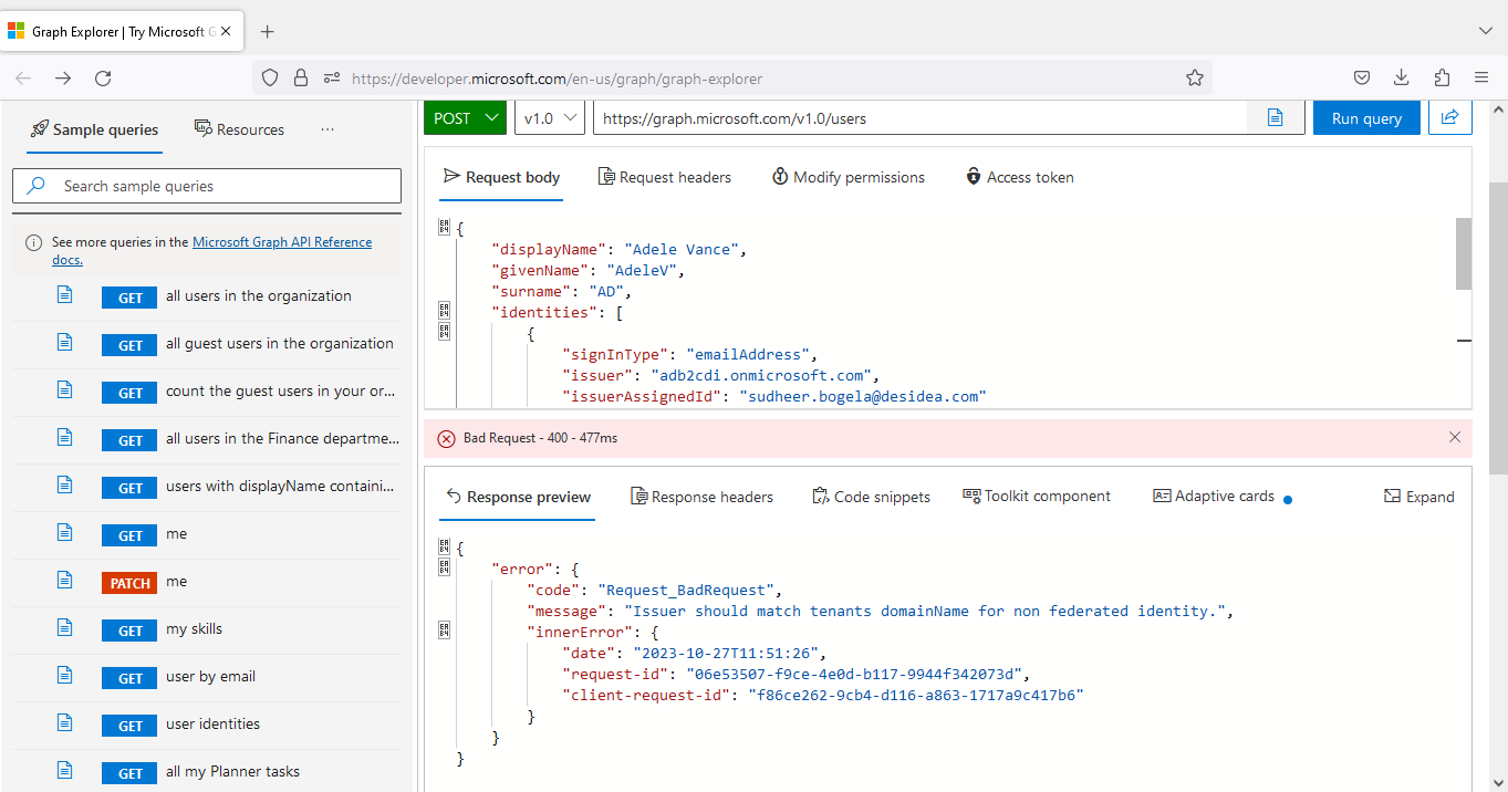 ADB2C User creation error - Microsoft Q&A