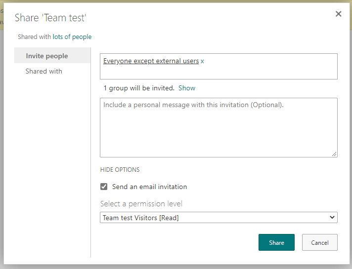 SharePoint Online is permissioned for "everyone except external users ...