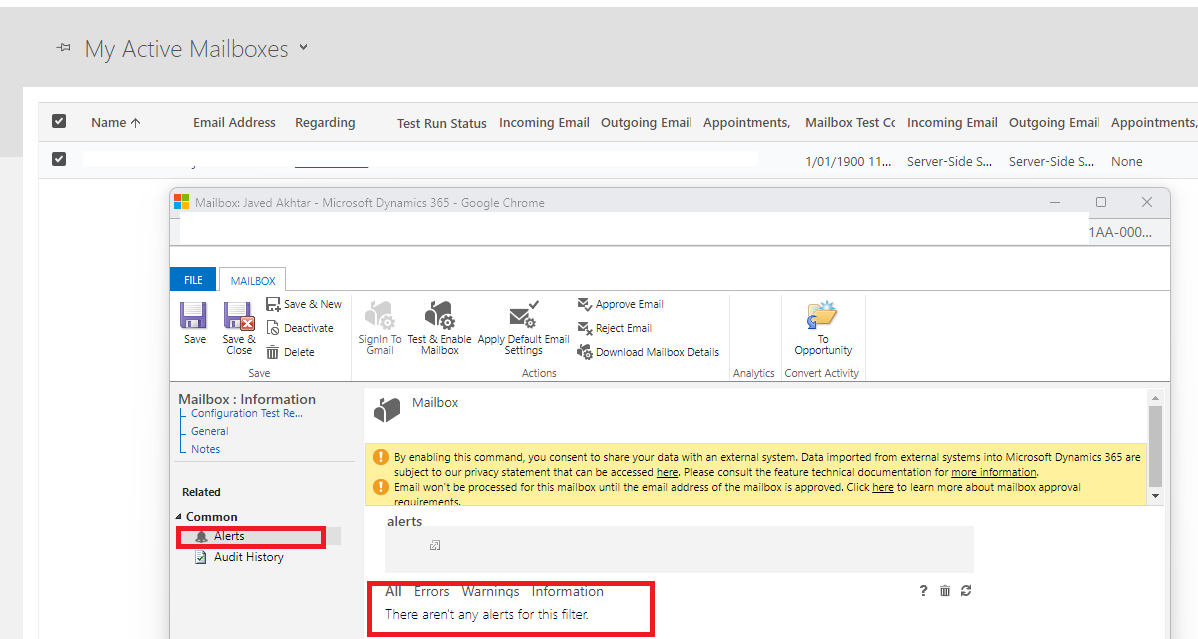 Failure after selecting Test & Enable Mailbox in Microsoft Dynamics 365 ...
