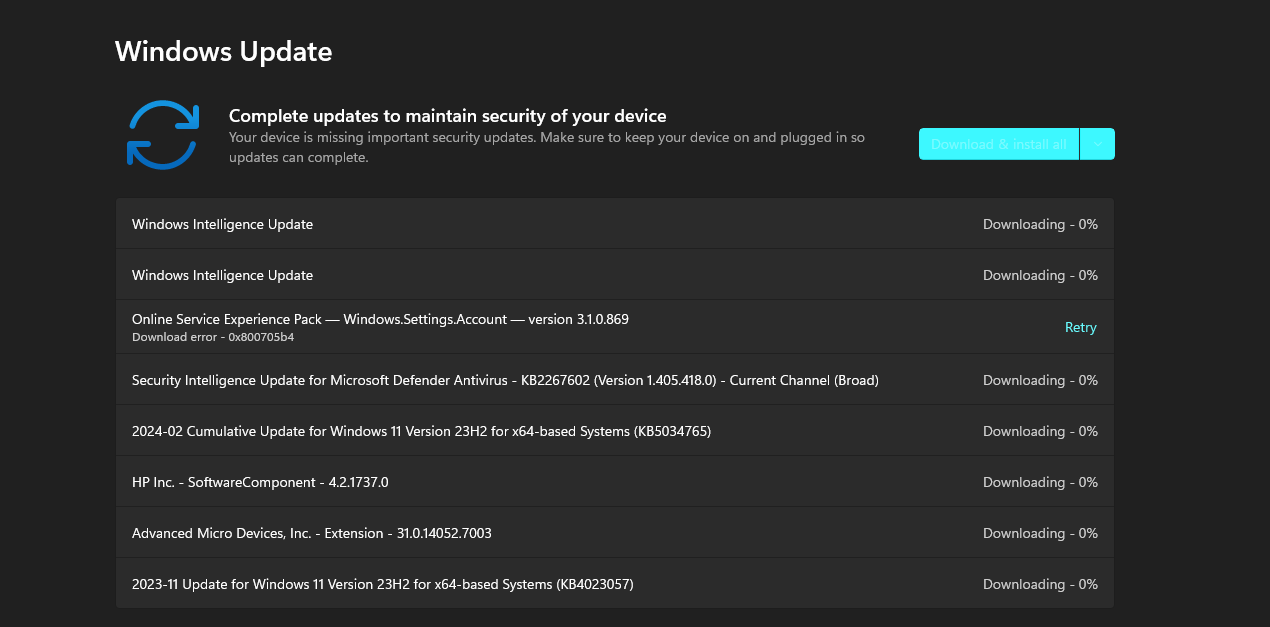 Windows 11 Pro 23H2 won't install updates Errors 0x80d02002, 0x800705b4 ...