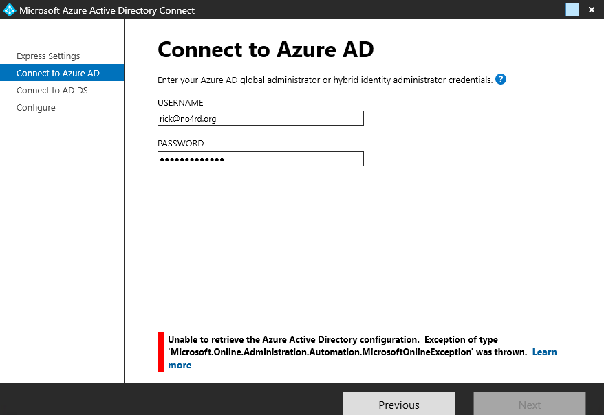 New Azure Ad Connect Install Unable To Connect To Azure Always Get The Same Error