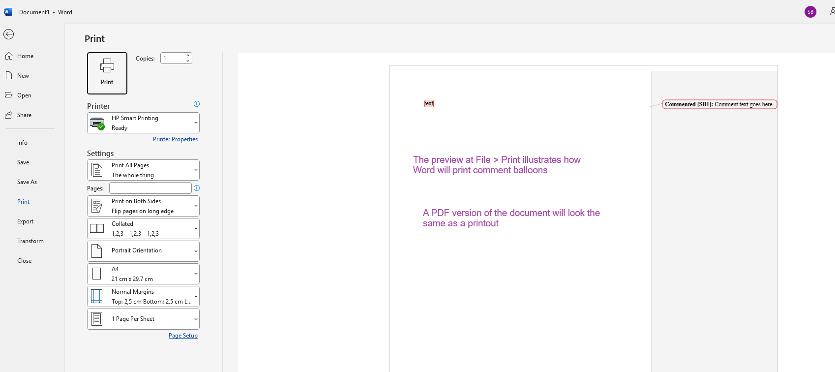 When I print or print to pdf, the document does NOT show Commenters ...