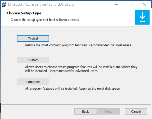 What are the different setup types when installing the Service Fabric SDK for Windows ...